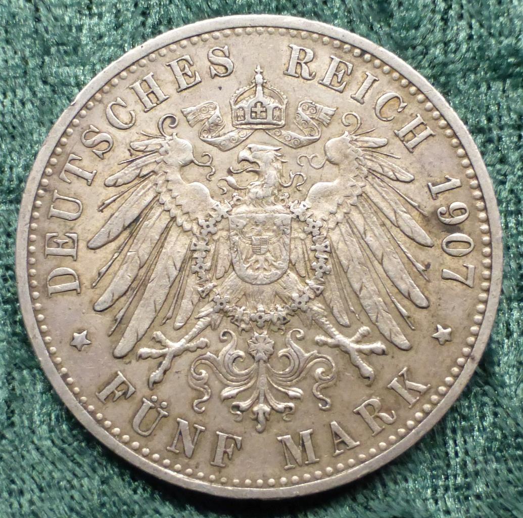 1907 F Silver German 5 Mark, Deutsches Reich 1907 Coin, Wilhelm II, KM ...