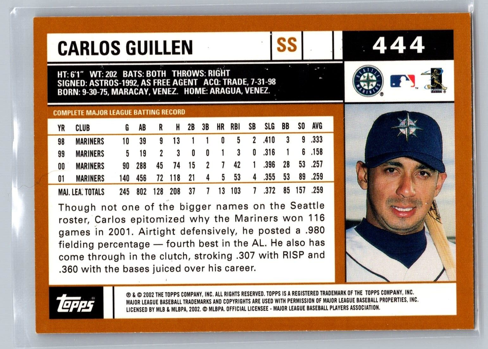 2002 TOPPS CARD # 444 Carlos Guillen - Seattle Mariners | eBay