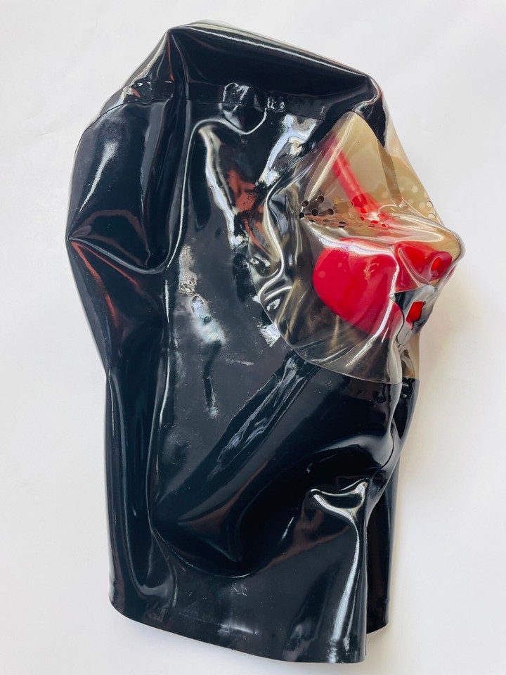 Latex Hood with 15CM long nose tube red teeth mesh eyes transparent ...