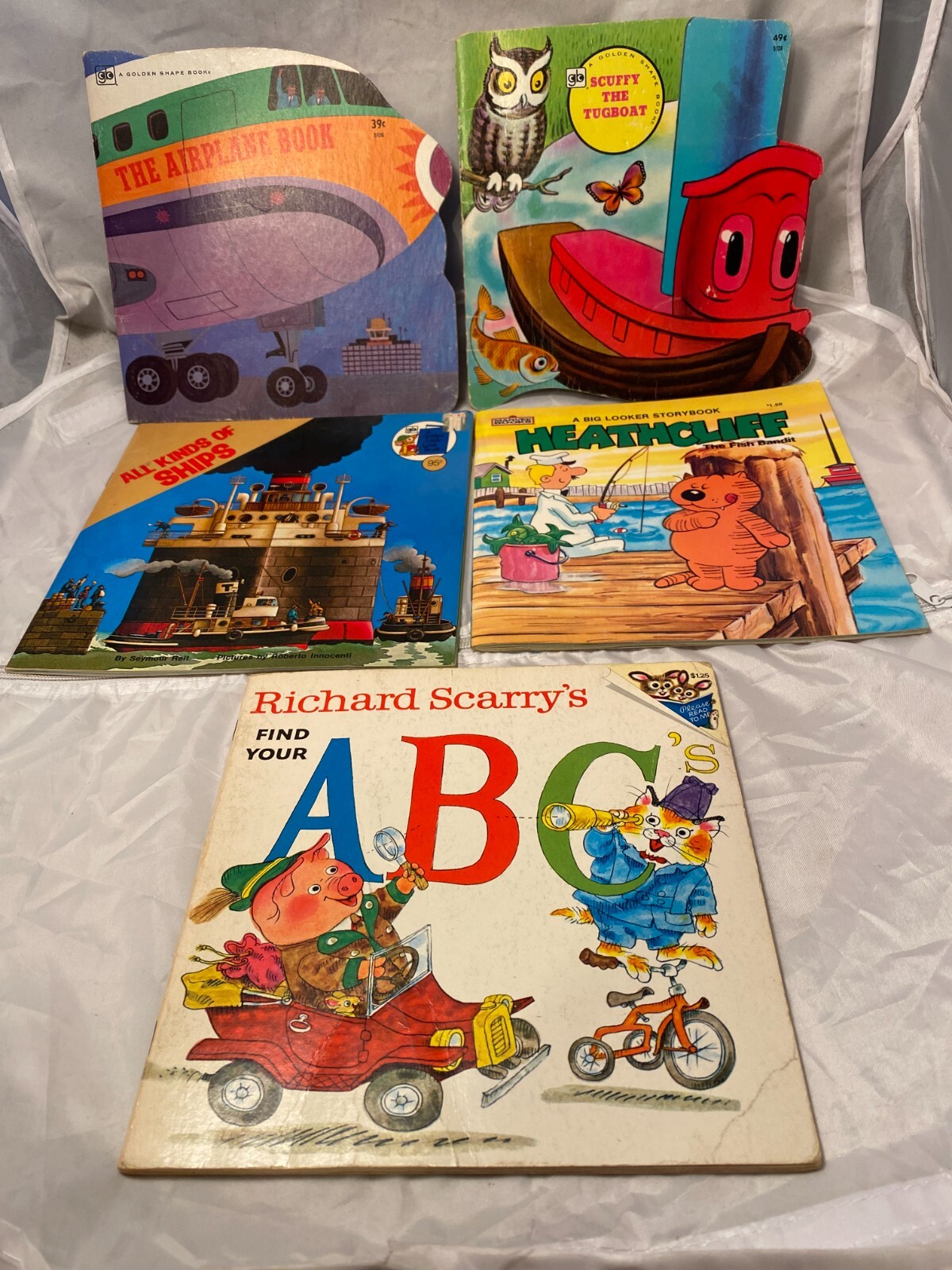 Lot of Five Vintage Kids Book Richard Scarry Scruffy Tugboat Airplane ...