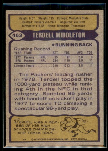 1979 Topps Terdell Middleton RC #463 Green Bay Packers | eBay