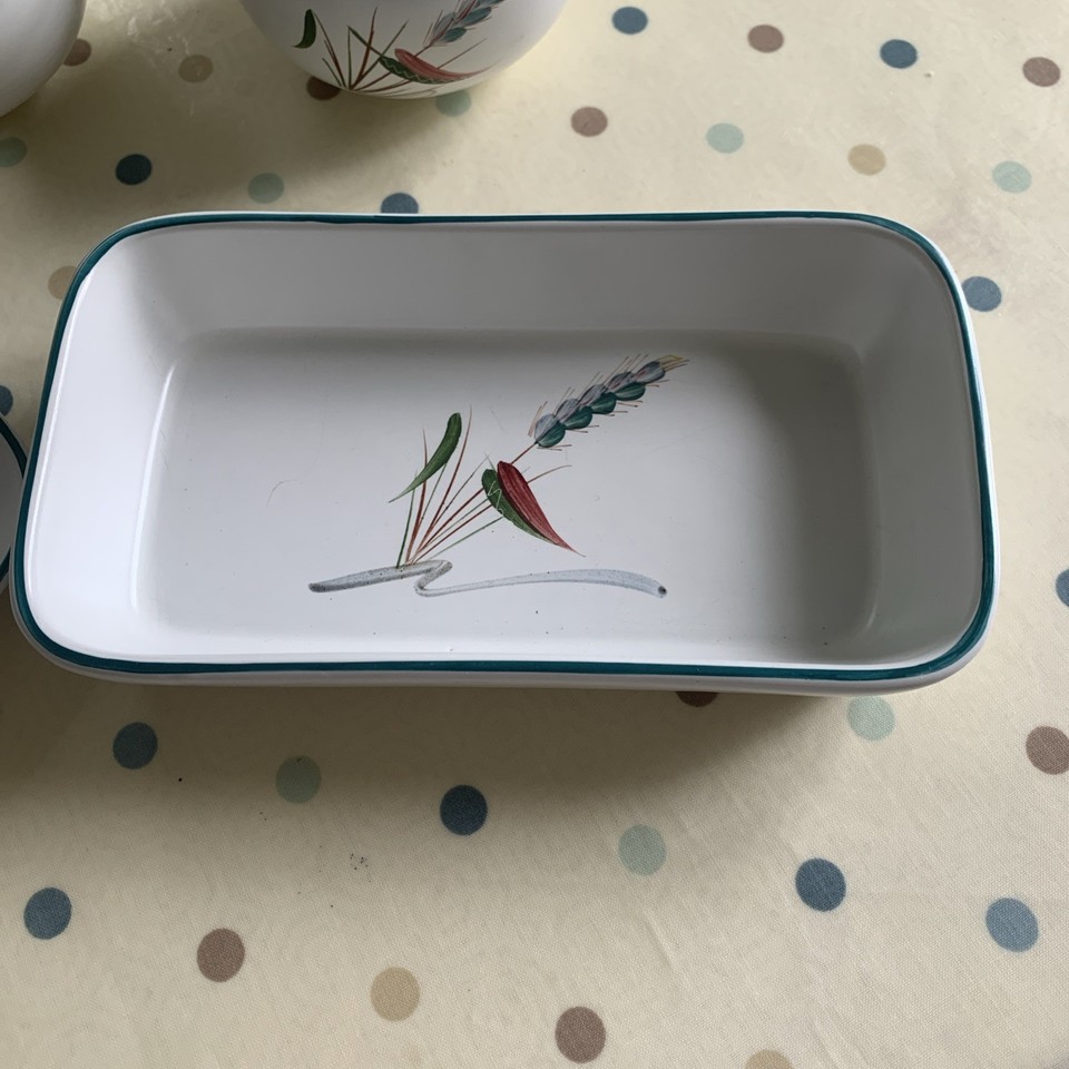 Denby Pottery Green Wheat 2x Soup Bowls Bon Bon Dish & Rectangular Dish ...