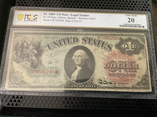Fr.18 1869 $1 One Dollar "RAINBOW" Legal Tender Note, PMG VF 20 #79640 ...