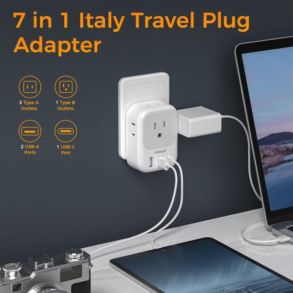 L Adapter for Travel with 4 Outlets 3 USB Ports (1 USB-C), Power ...