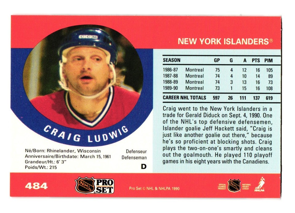 1990 Pro Set #484 Craig Ludwig New York Islanders | eBay