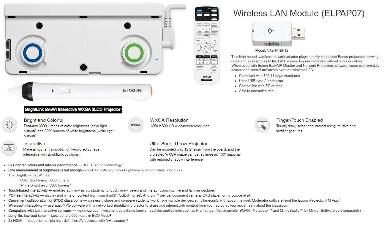 Epson Brightlink 595Wi Interactive WXGA HDMI 3300-Lumens 3LCD PROJECTOR ...