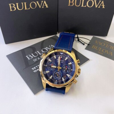Bulova Men Marine Star 97B168 Blue Dial/Gold Accents Quartz Silicone ...