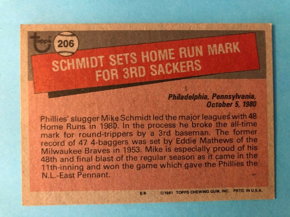1981 Topps Card #206 Mike Schmidt Record Breaker Most home runs - Third ...