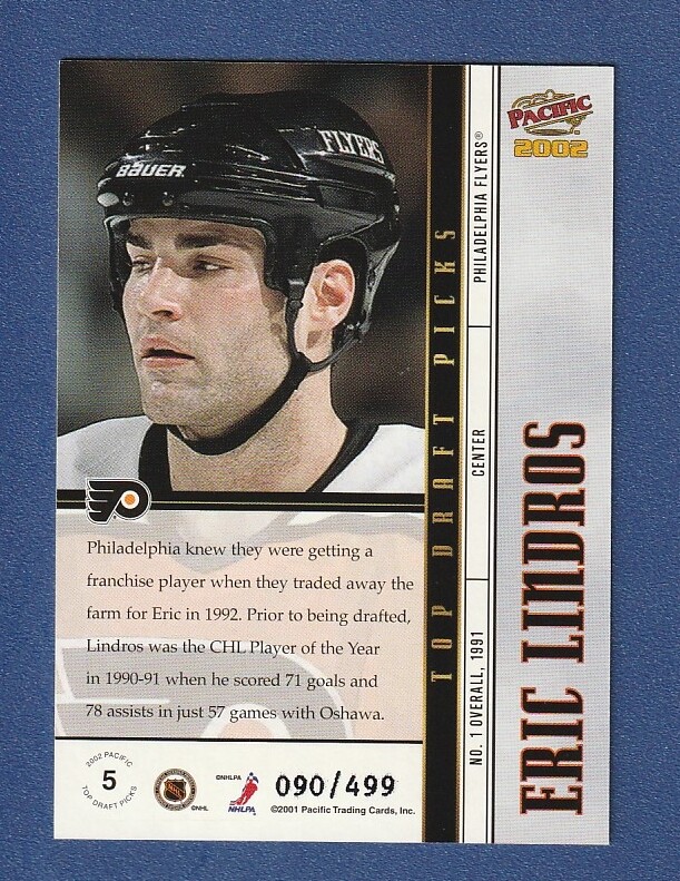 ERIC LINDROS 2001-02 Pacific PROMO Top Draft Picks Day Silver #5 Flyers ...