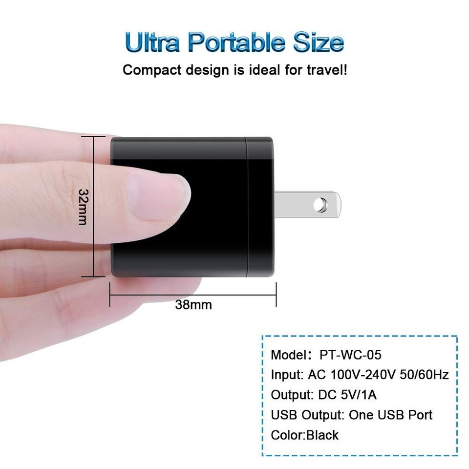 USB Charger Block Black,5V 1A Single Port Wall Cube Fast Charging Brick ...