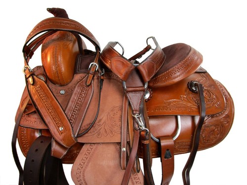 WESTERN HORSE TRAIL SADDLE PLEASURE TOOLED LEATHER BROWN TACK SET 18 17 ...