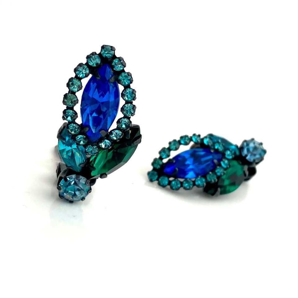 Vintage 1960s Signed WEISS Blue Green Halo Rhinestone Wreath Brooch ...