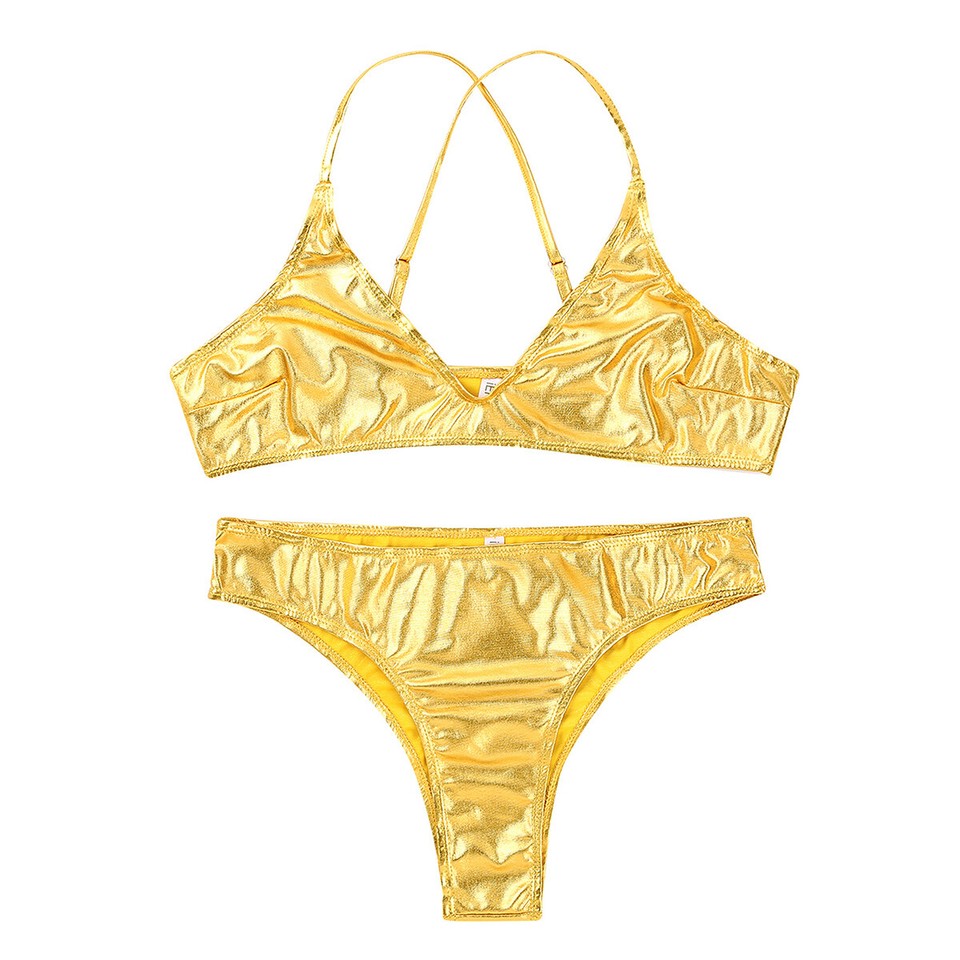 Women's Shiny Metallic Bikini Set Push Up Bra Micro Thong Swimsuit ...