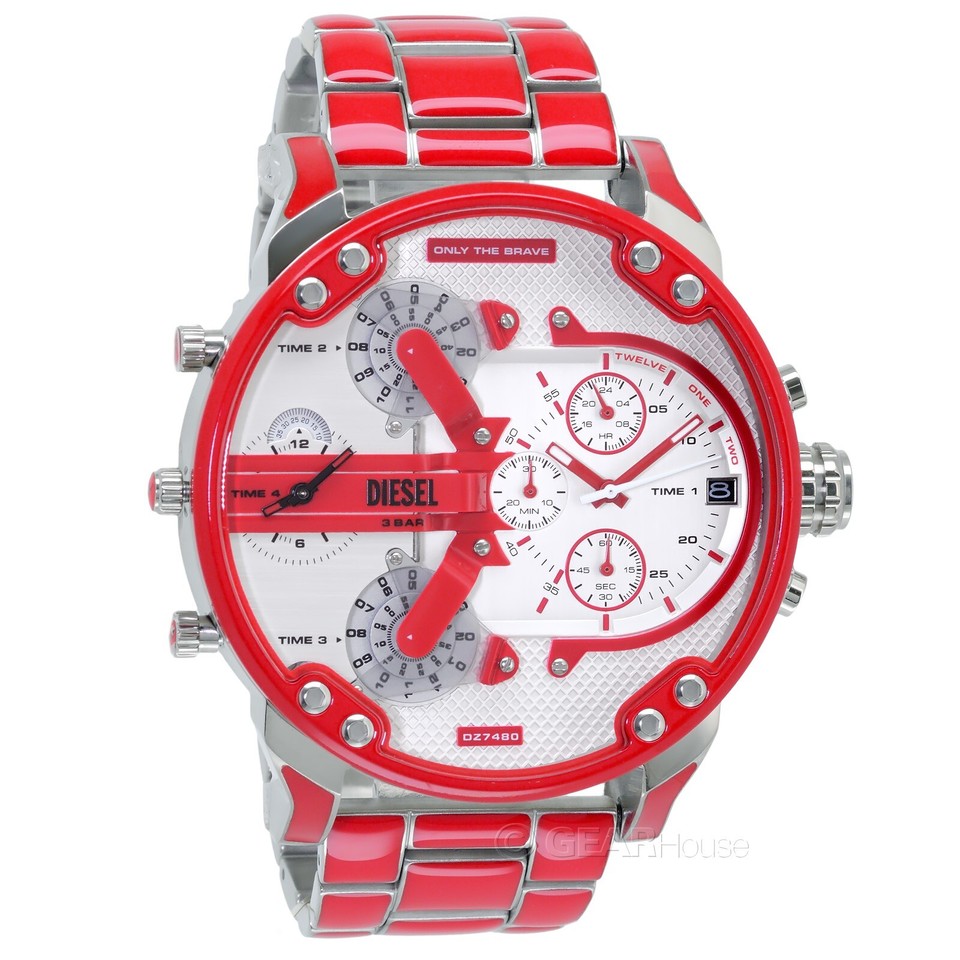 DIESEL Mens MR Daddy 2.0 Chronograph Watch, Red Enamel, Silver Dial ...