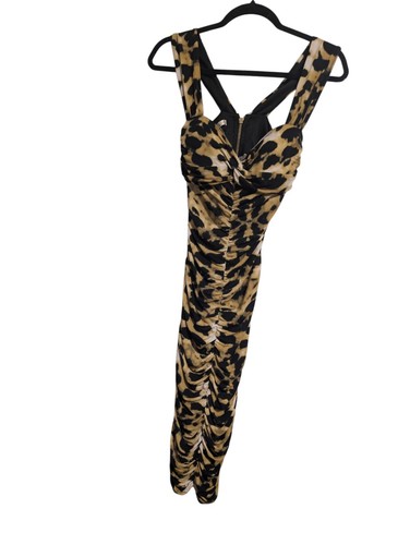 Boston Proper Body Con Dress Yellow Leopard Print Ruching Midi Length ...