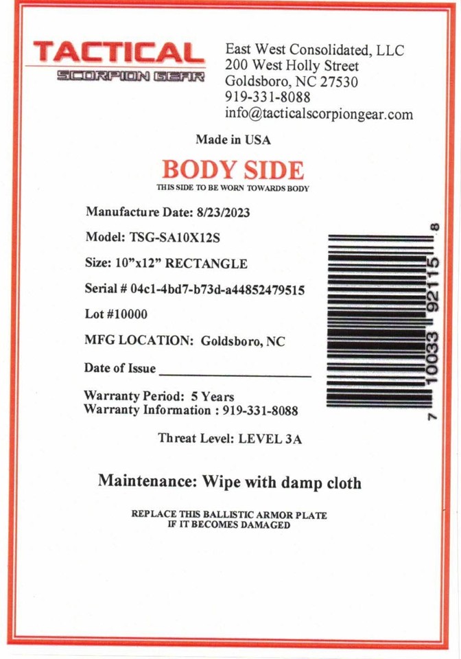 Tactical Scorpion Gear Level IIIA 3A 10x12 Shooters Cut Body Armor Soft ...