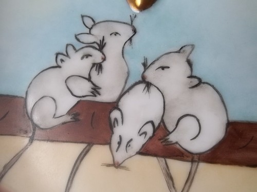 Vtg Austria?BLUE/YELLOW/BROWN/WHITE MICE Candy/Nut DISH Gold Handle 5. ...