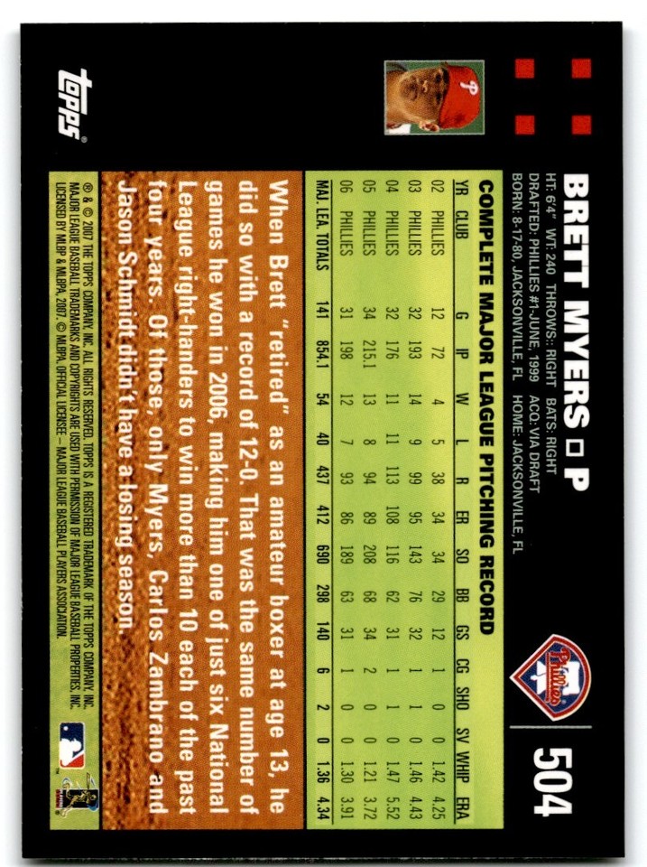 2007 Topps Brett Myers Philadelphia Phillies #504 | eBay
