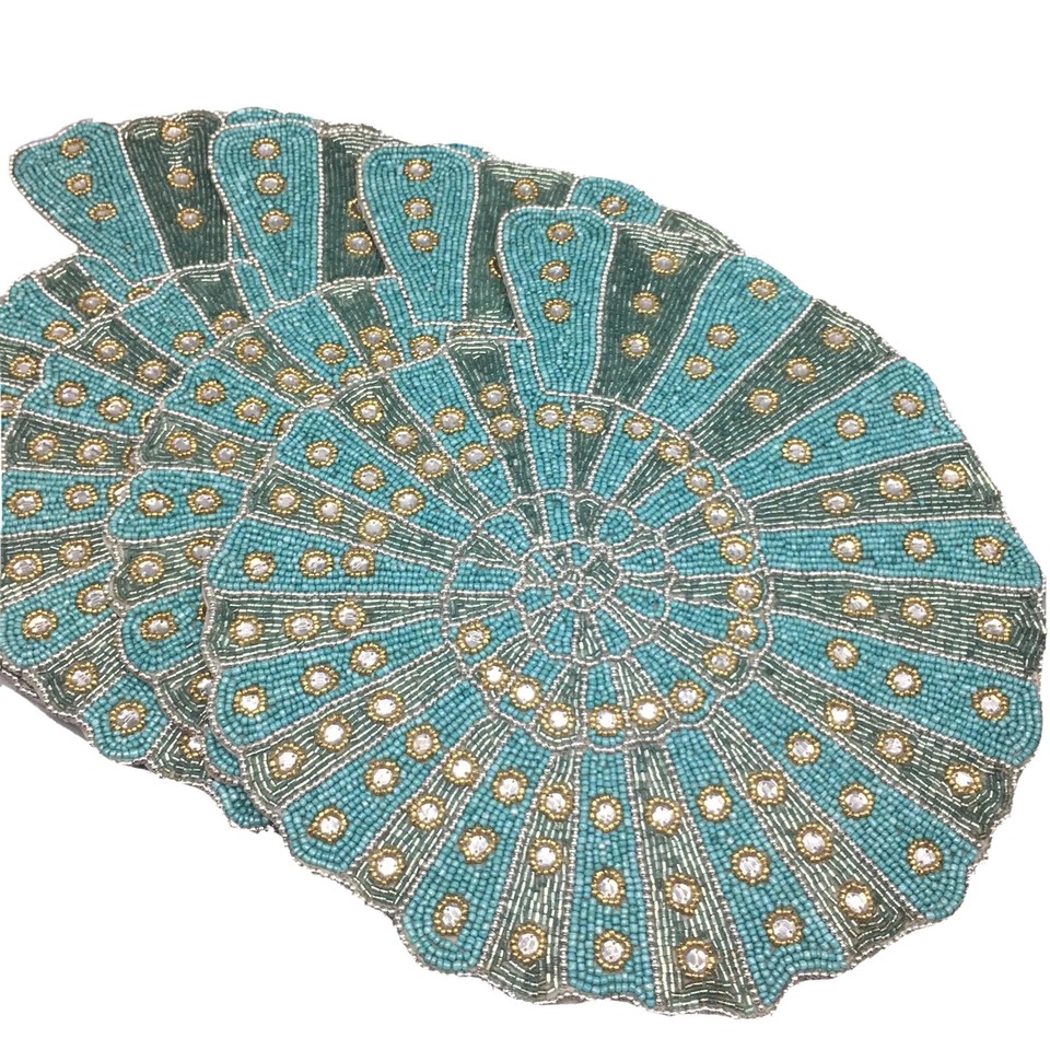 x4 Coastal Collection Beaded Turquoise Abalone Shell Placemat Set Ocean ...