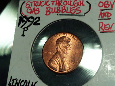 Mint Error Coin Lincoln Memorial 1c One Cent 1992 Struck Through Gas ...