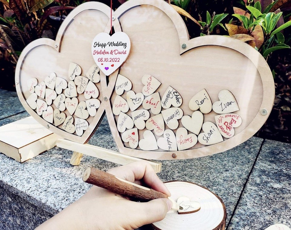 Wooden Double Hearts Wedding Guest Book Alternative Frame Decor Set NIB ...
