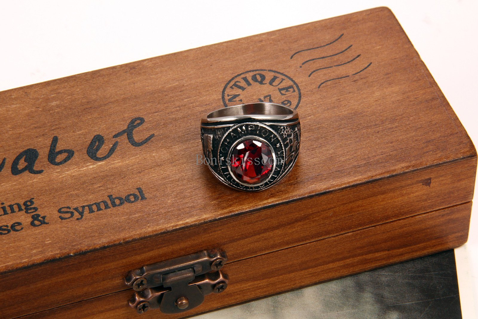 Vantage Black Silver Tone Stainless Steel Wide Cast Class Ring w Red CZ ...