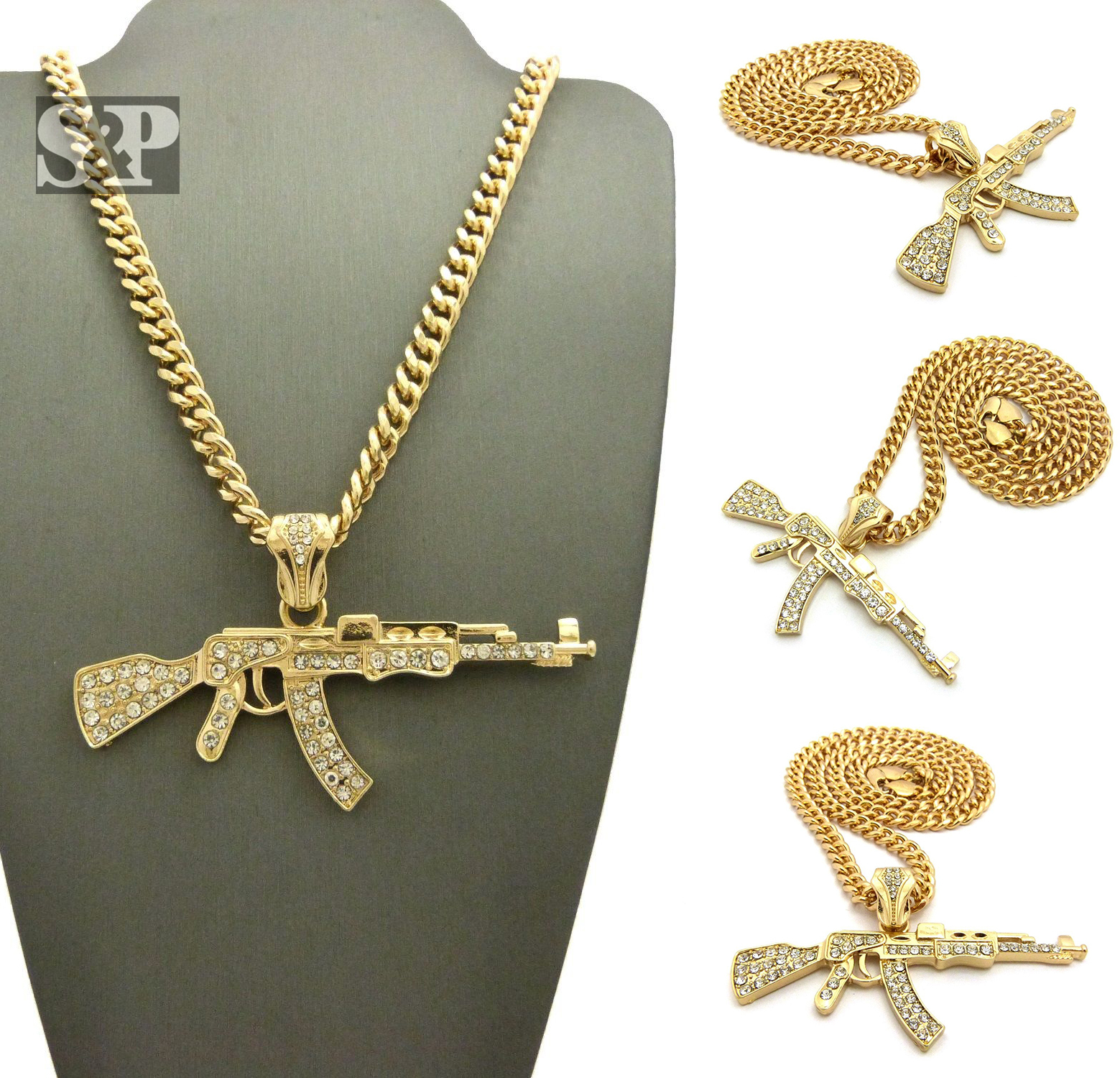 Gold Plated Alloy Cubic Zirconia AK47 Machine Gun Charm 24" Cuban Chain ...
