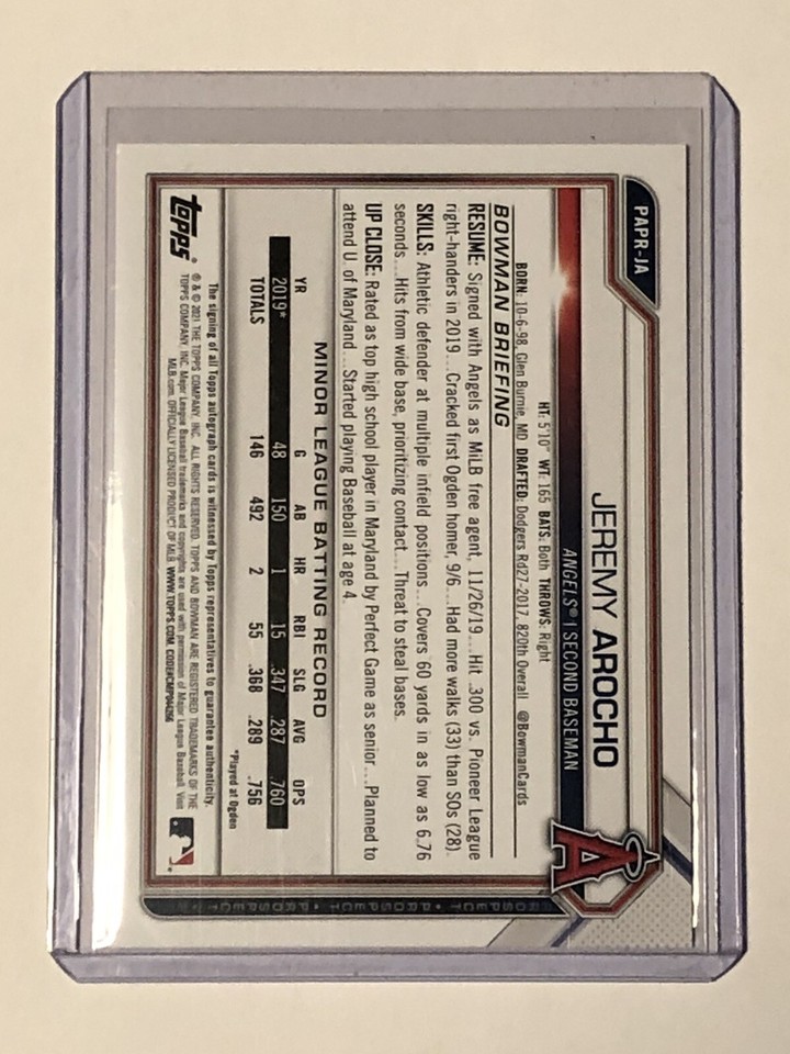2021 Bowman Jeremy Arocho 1st Prospect Auto Autograph #PAPR-JA Angels ...