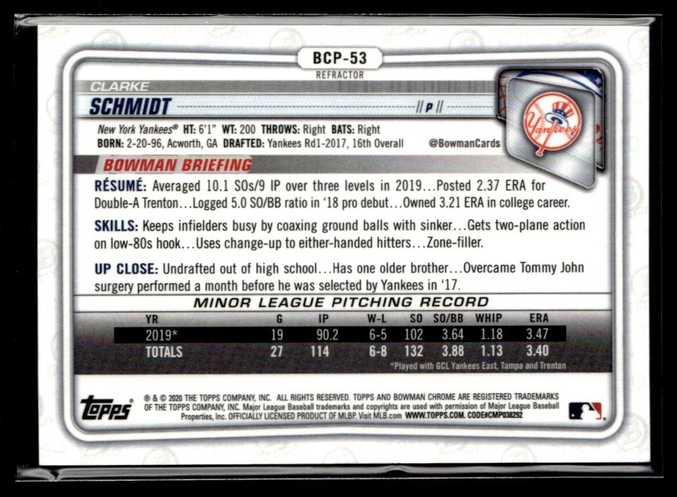 2020 Bowman Chrome Prospects Clarke Schmidt New York Yankees #BCP-53 | eBay