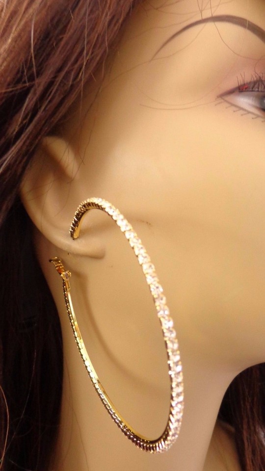 RHINESTONE HOOP EARRINGS THIN HOOP EARRINGS GOLD TONE HOOPS CRYSTAL 3 ...