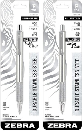 Zebra Pen F-701 Ballpoint Stainless Steel Retractable Pen 2 pcs Fine ...