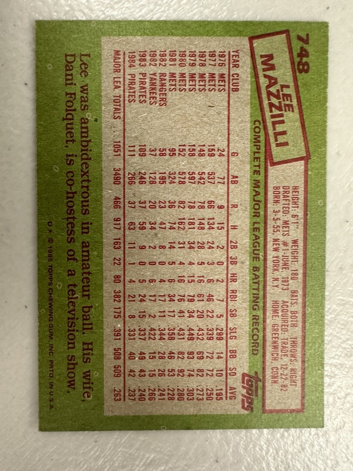 Lee Mazzilli Signed 1985 Topps #748 Baseball Card NY Mets Pirates ...