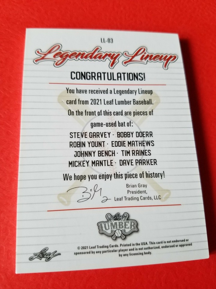 Mickey Mantle Bat CARD #3/9 Johnny Bench YOUNT Doerr RAINES MATTHEWS ...