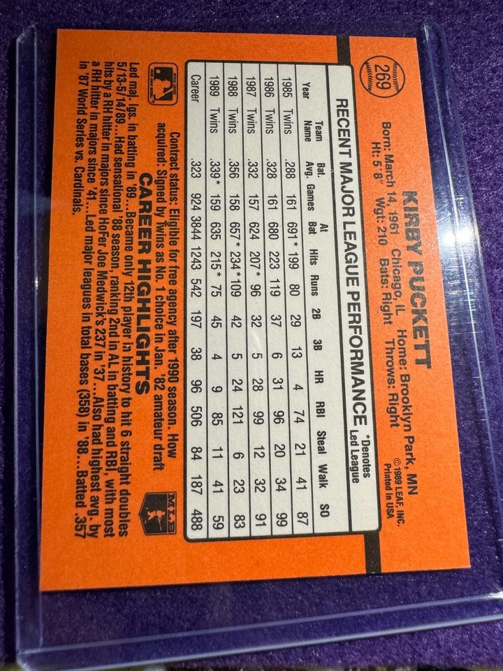 1990 Donruss #269 Kirby Puckett Error Card - wrong birthday MINT | eBay