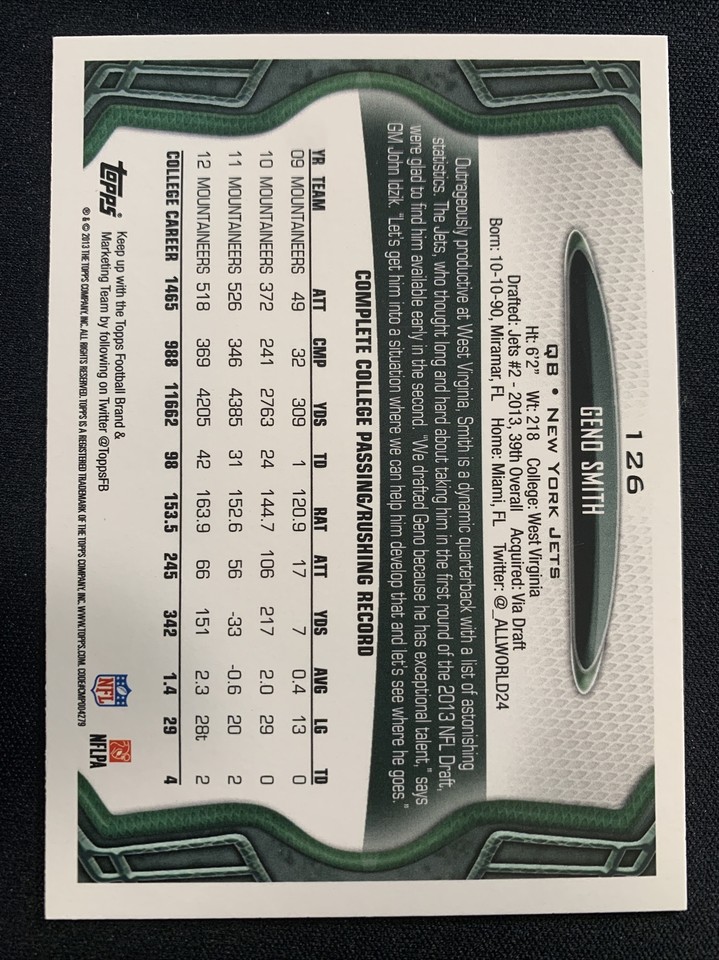 Geno Smith 2013 Topps Rookie Card RC #126 SEAHAWKS QTY | eBay