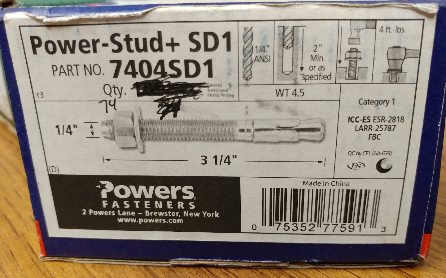 Power Fasteners 7404SD1-PWR 1/4"x3-1/4" Power-Stud Anchor. Box of 74 | eBay