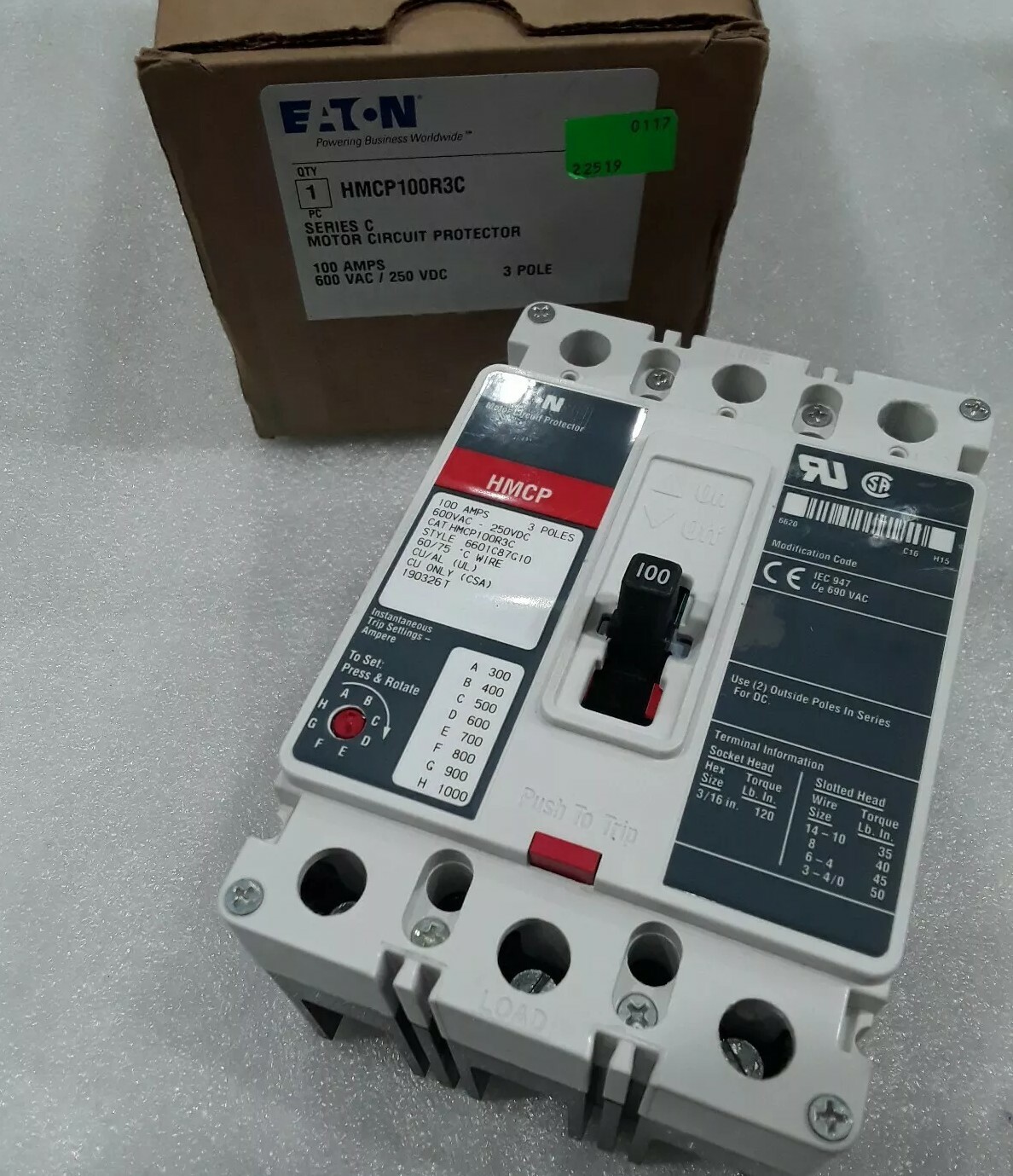 HMCP100R3C EATON 3POLE 100AMP 600V MOTOR CIRCUIT PROTECTOR NEW | eBay