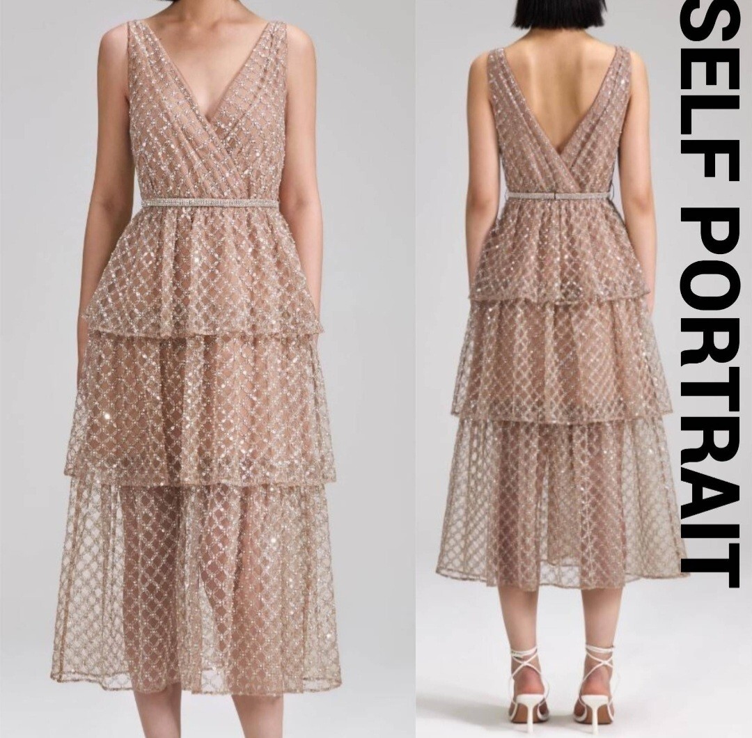 Self-Portrait tan grid sequin tiered dress UK4,6,8,10,12 auth 100% pls ...