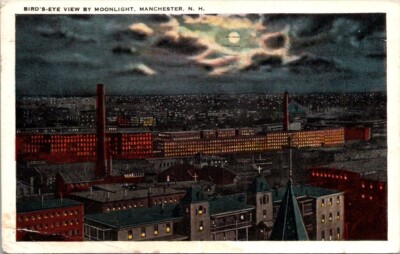 Postcard Birdseye View By Moonlight Manchester NH 1942 White Border | eBay