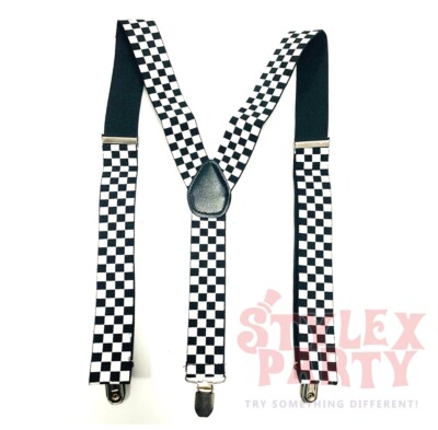 Checkered Braces Black White Suspenders Fancy Dress Costume Police ...