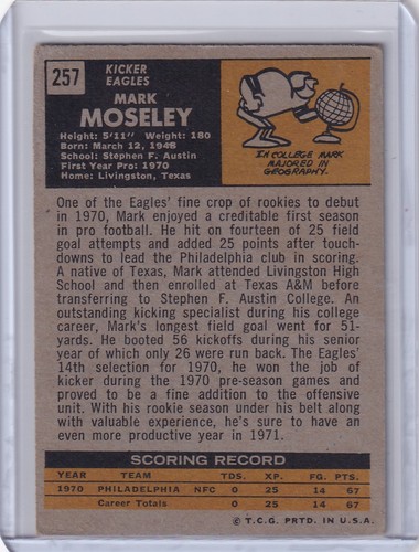 1971 Topps Football #257 Mark Moseley - Philadelphia Eagles RC | eBay