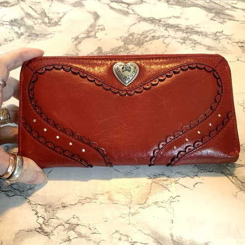 Brighton Red Leather Zip Around Clutch Wallet Organizer Eyelet Heart ...