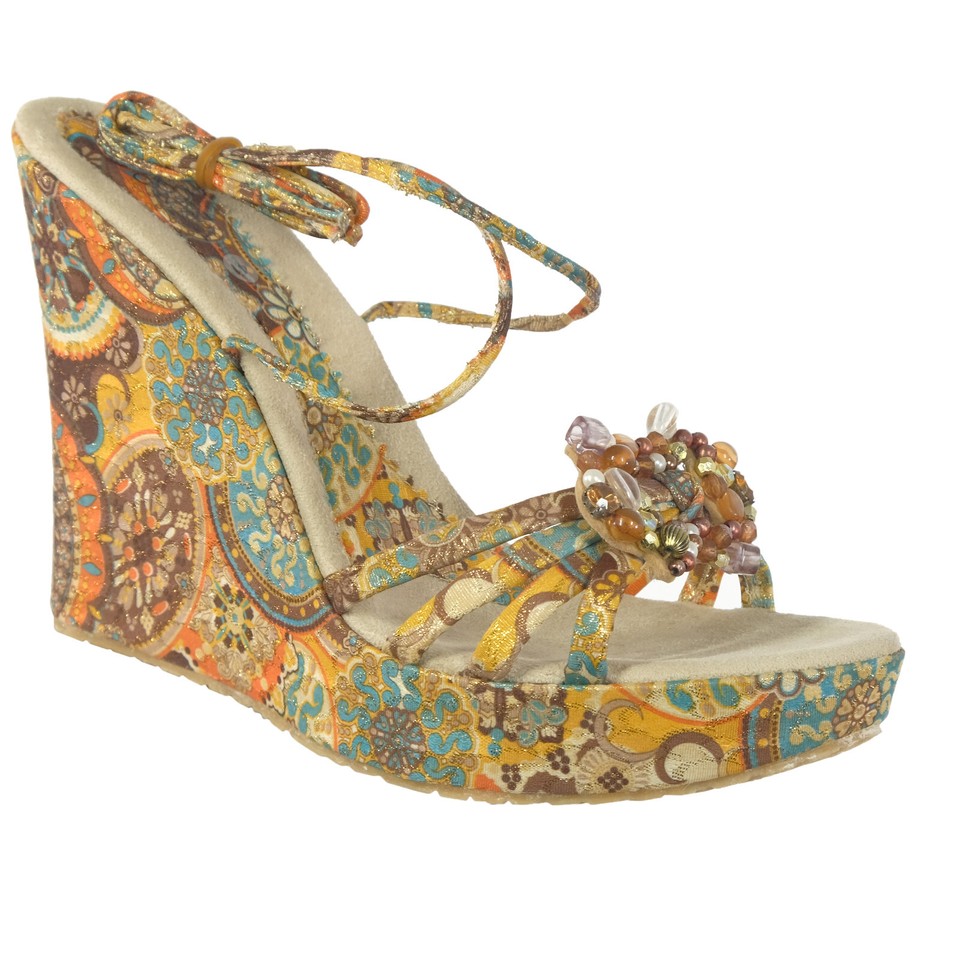 NIB MultiColor COLORE DONNA Patterned Strappy Heels Wedge Beaded 41 EU ...