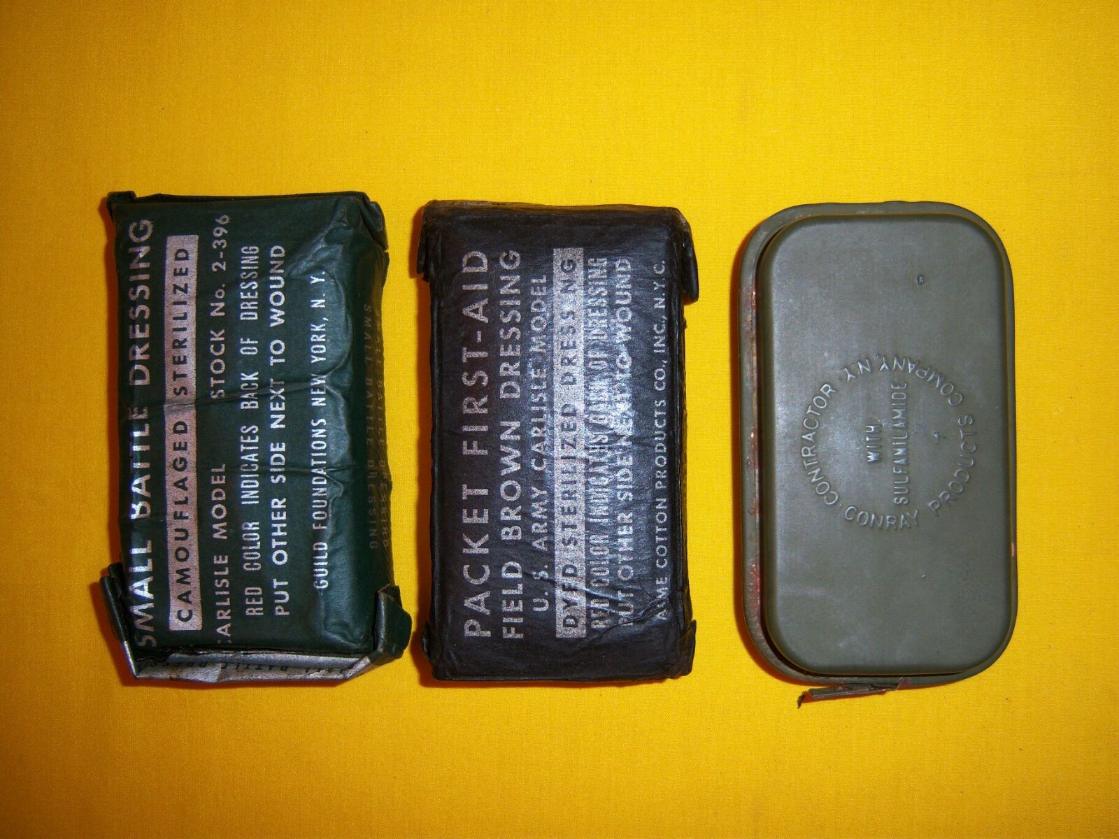 1941-45 US USMC USN 1ST AID POUCH BANDAGE PACKETS 2-SOFT 1-TIN MINT ...