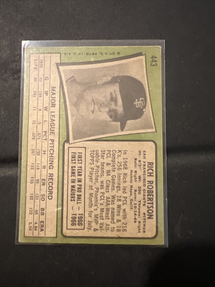 1971 Topps Baseball Card #443 Rich Robertson - Low To Mid Grade - G/VG ...