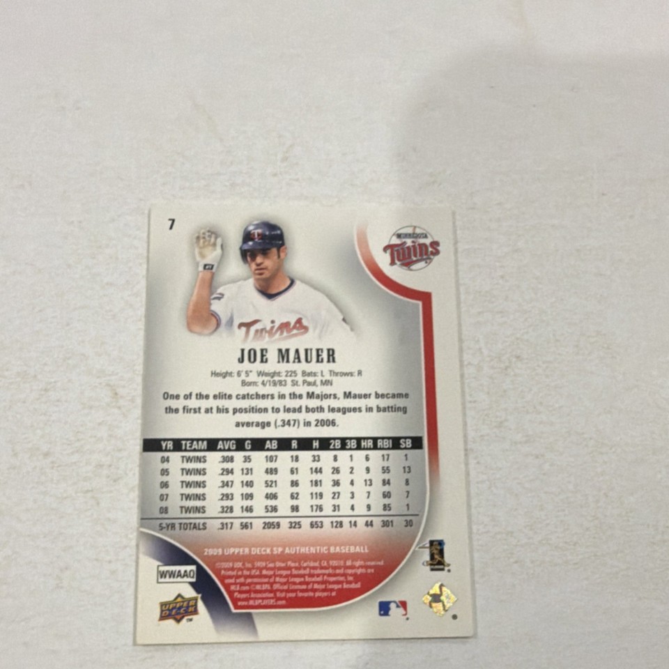 Upper Deck 2009 SP Authentic Joe Mauer #7 Minnesota Twins Baseball Card ...