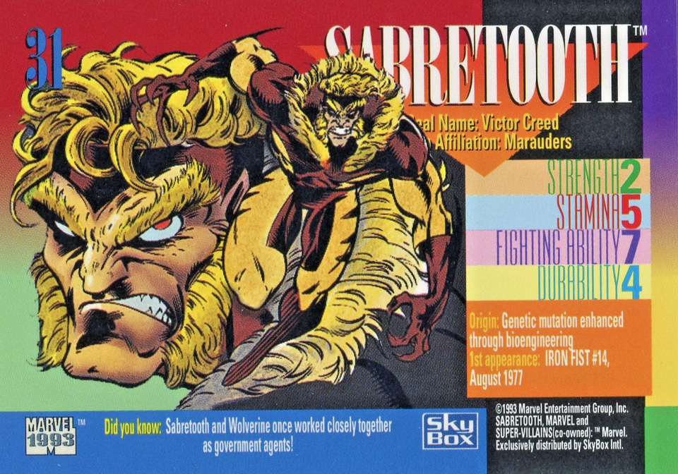 Sabretooth 1993 Marvel Skybox Card #31 Super Villains Near Mint Free ...