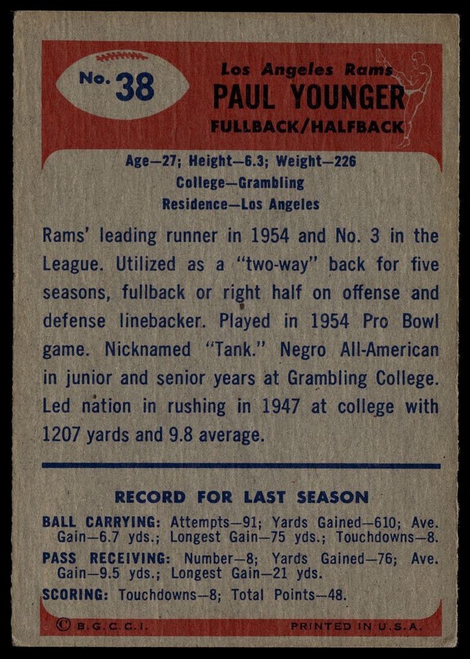 1955 Bowman #38 Tank Younger Los Angeles Rams G to VG | eBay