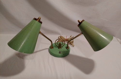 Vintage MCM Green Double Lamp w/ Design on Shades, Works, Metal Move ...