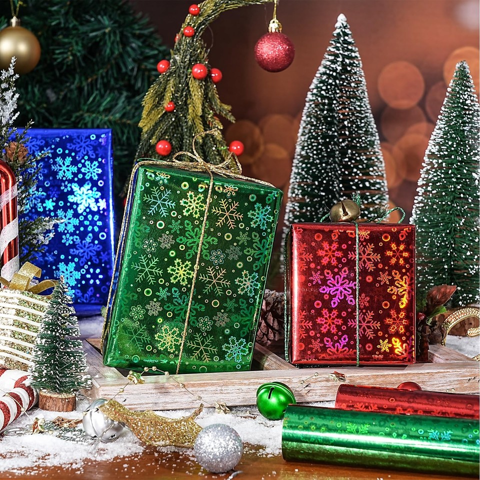 LeZakaa Snowflake Holographic Wrapping Paper - Mini Roll - Red/Blue ...